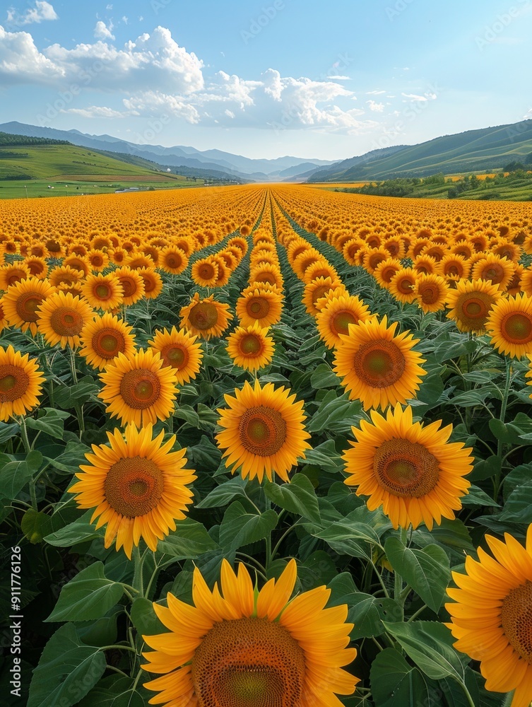 Vast sunflower field in full bloom under a bright blue sky in a ...