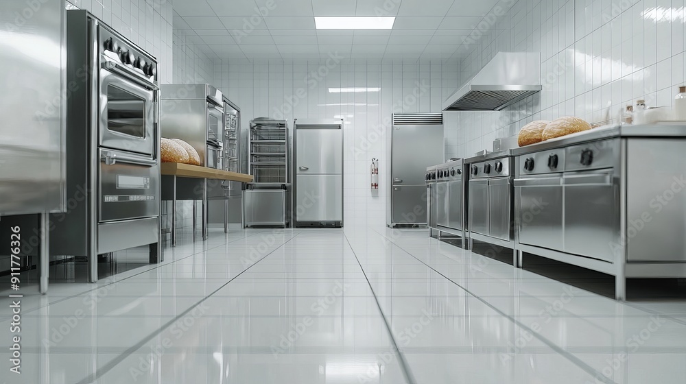 Professional, commercial bakery kitchen with a brand-new, spotless ...