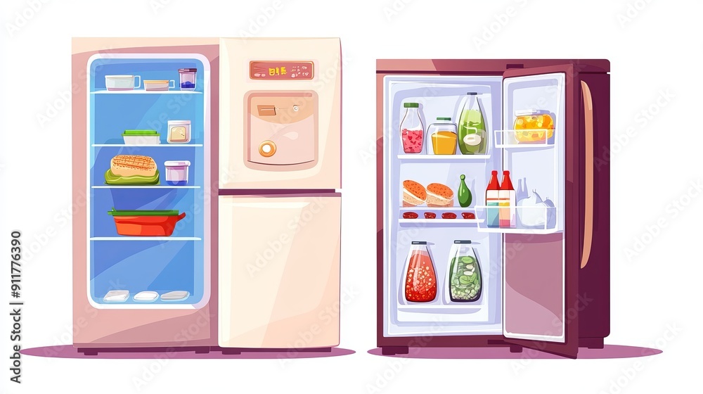 Refrigerators that are open and closed. Cartoon vector illustration of ...