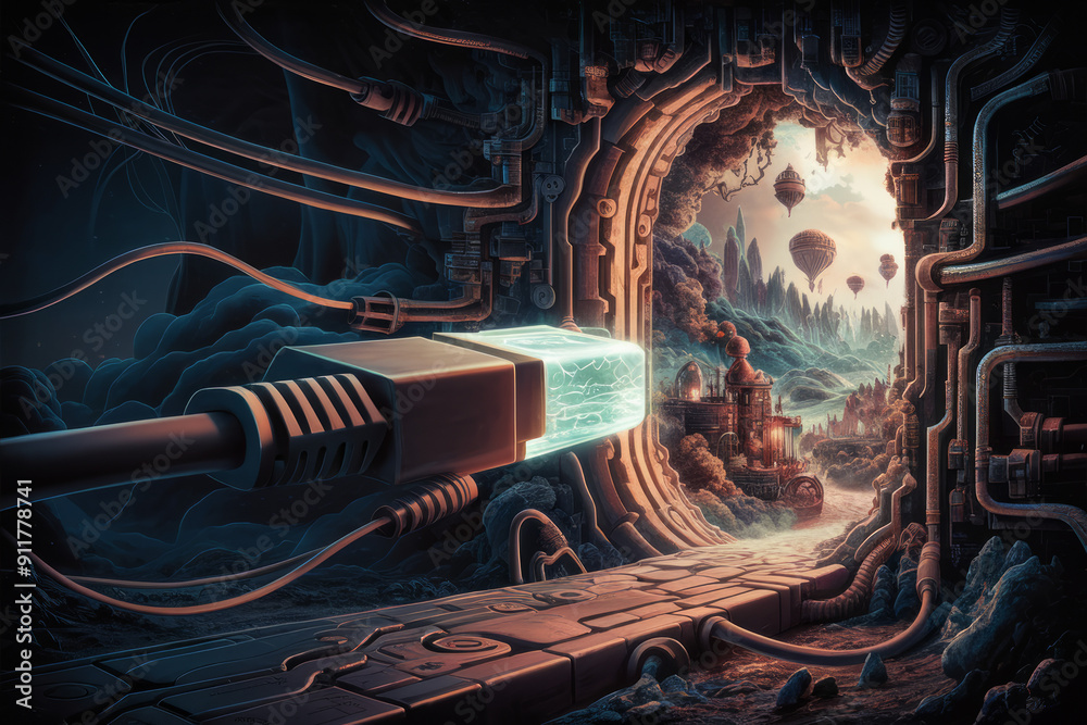 Conceptual digital illustration depicting an ethernet cable connected ...