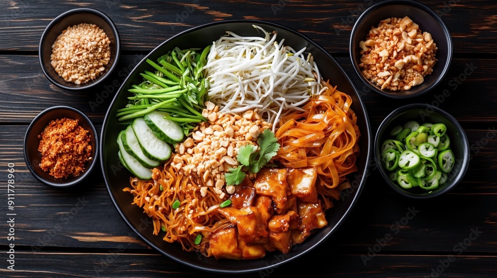 Traditional Thai food Pad Thai with rice noodles, tofu, bean sprouts ...
