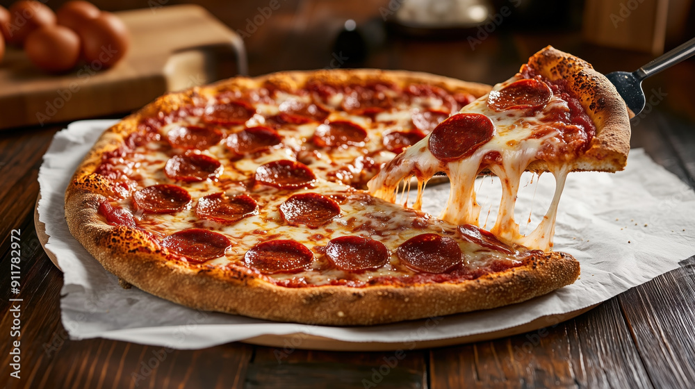 Traditional American food Pepperoni Pizza with a slice being lifted ...