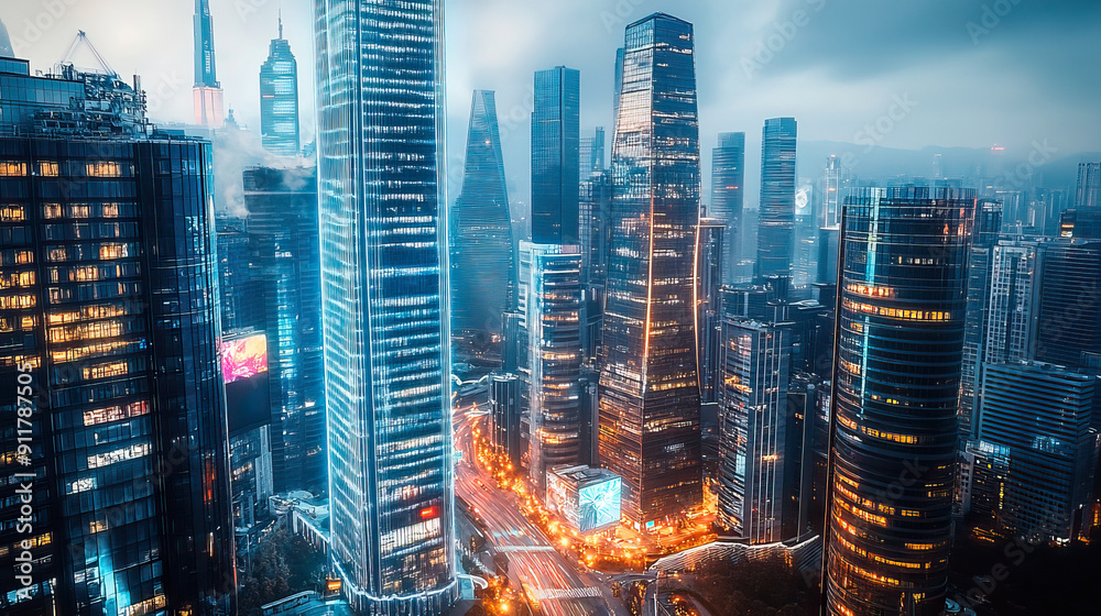 The night landscape of a futuristic city. Tall buildings with ...