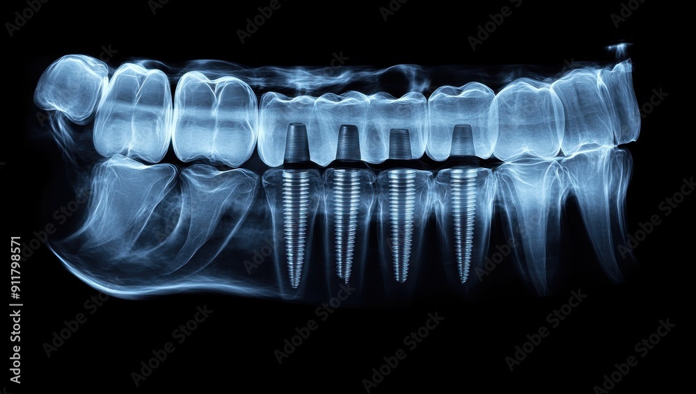 X-ray of jaw with dental implants, showcasing the details and layout of ...