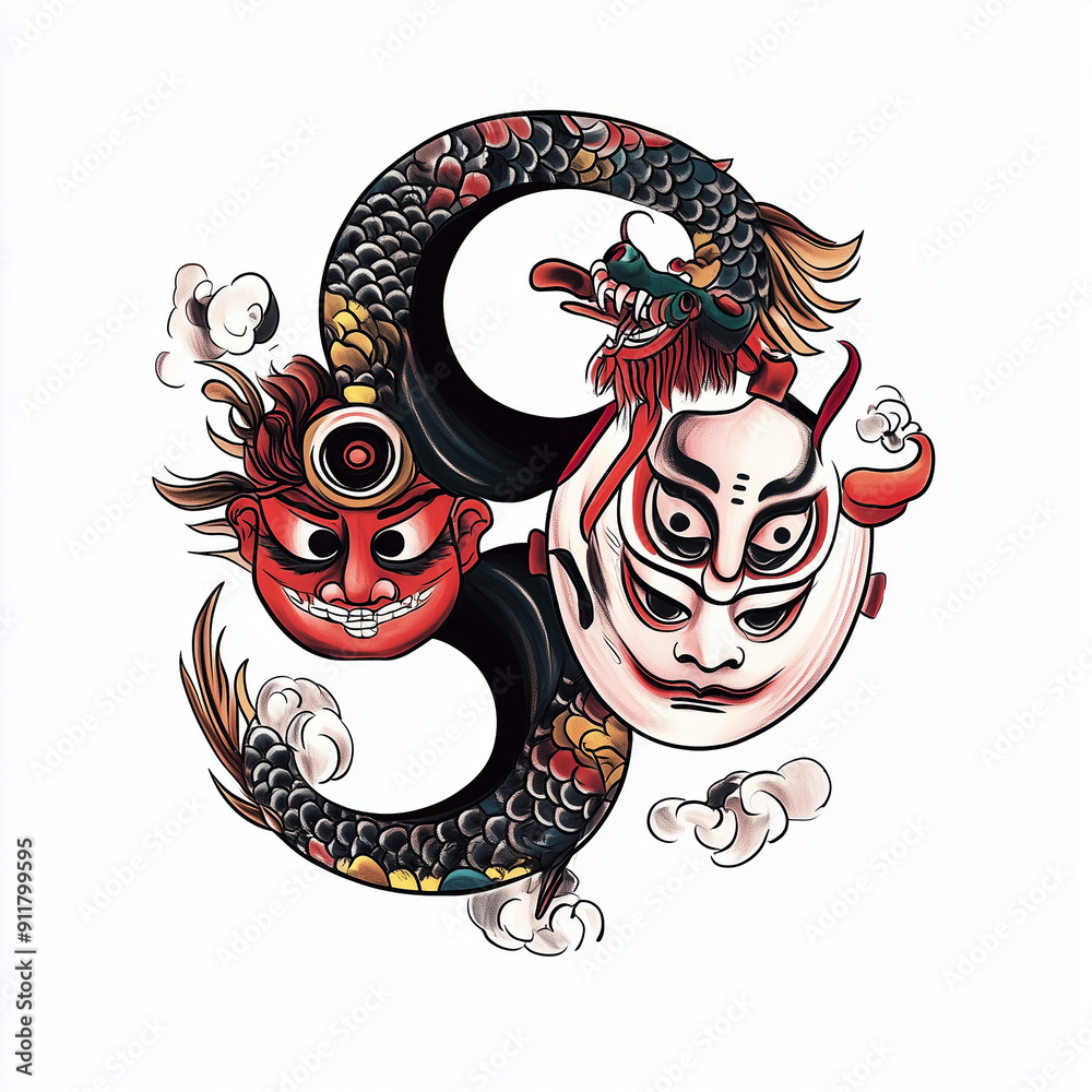 Tattoo that combines various symbols of Korean culture, such as the ...