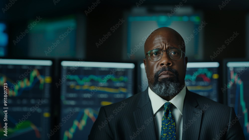 Financial analyst , man in business suit against background of monitors ...