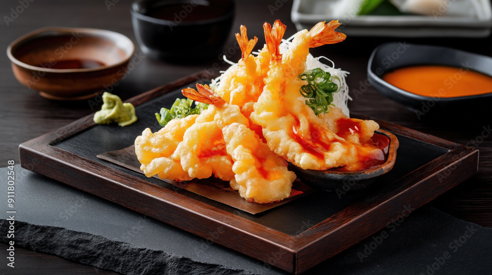 Traditional Japanese food Shrimp Tempura consists of deep-fried ...