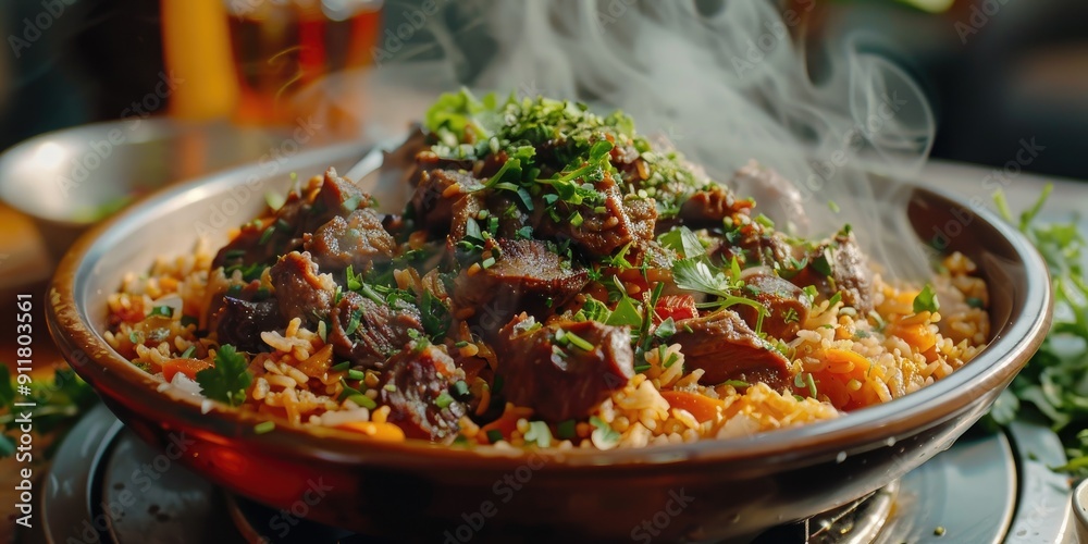 Side view of aromatic pilaf with tender stewed meat fresh herbs and ...