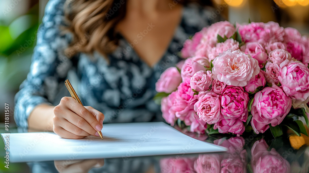 woman's hand signing a document, symbolizing agreement, commitment, and ...