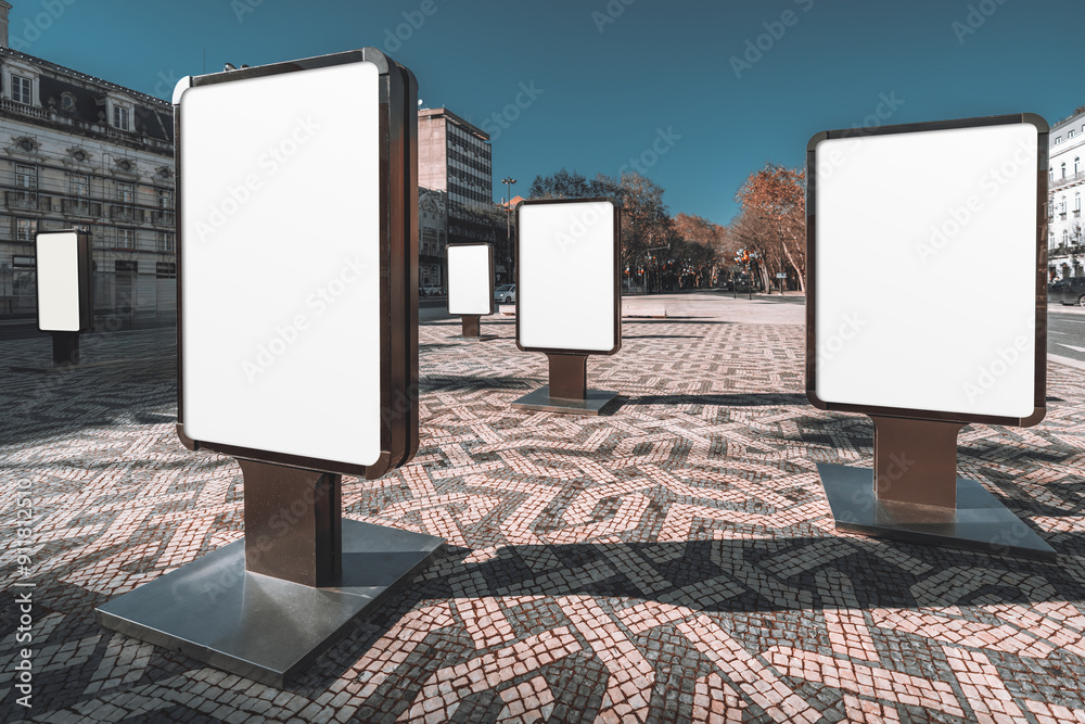 Multiple blank advertising billboards mockup on a patterned stone ...