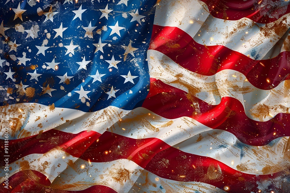 This digital illustration of the United States flag features a vibrant ...