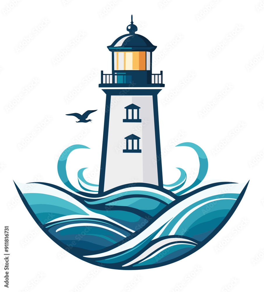Lighthouse orange light with blue waves and bird. A true beam of safety ...