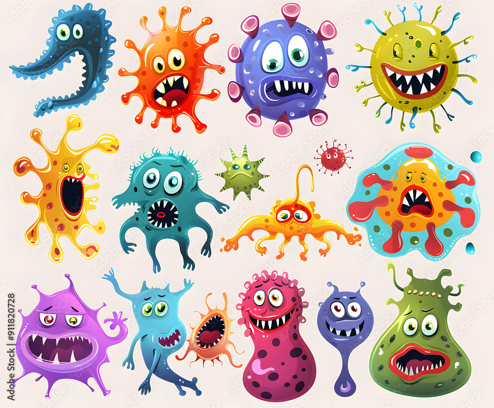 Set of microbes. Collection of cartoon viruses. Vector illustration of ...
