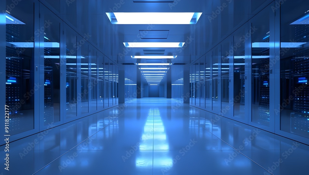 A high-tech data center with rows of blue glowing server cabinets ...