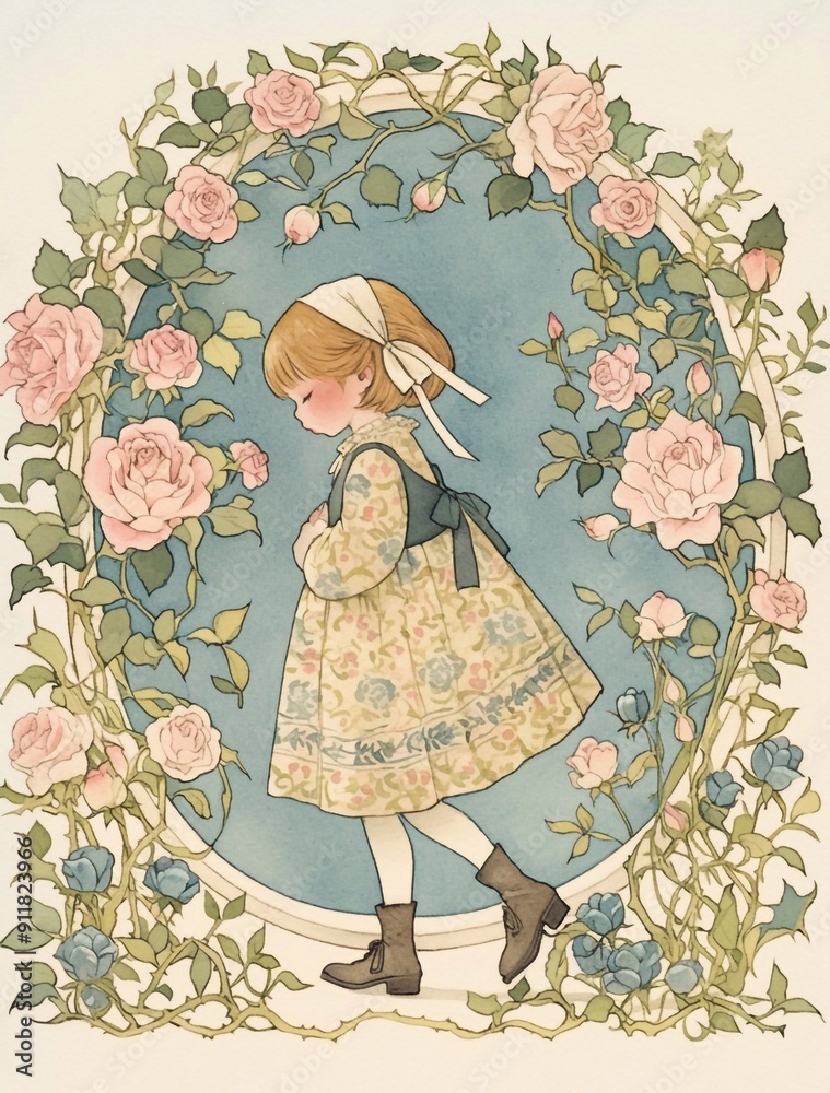 A very cute little girl walking in the garden, surrounded by flowers ...