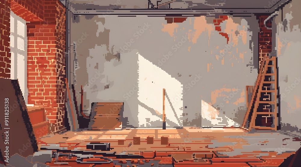 A room is being depicted in pixels, with an old red brick wall on the ...