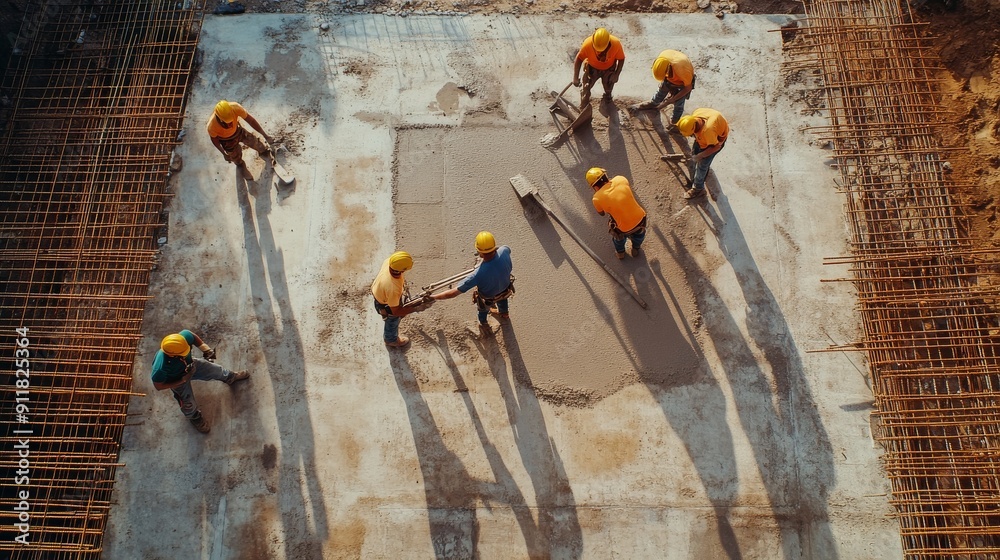 Construction team pouring concrete foundation. Featuring teamwork and ...