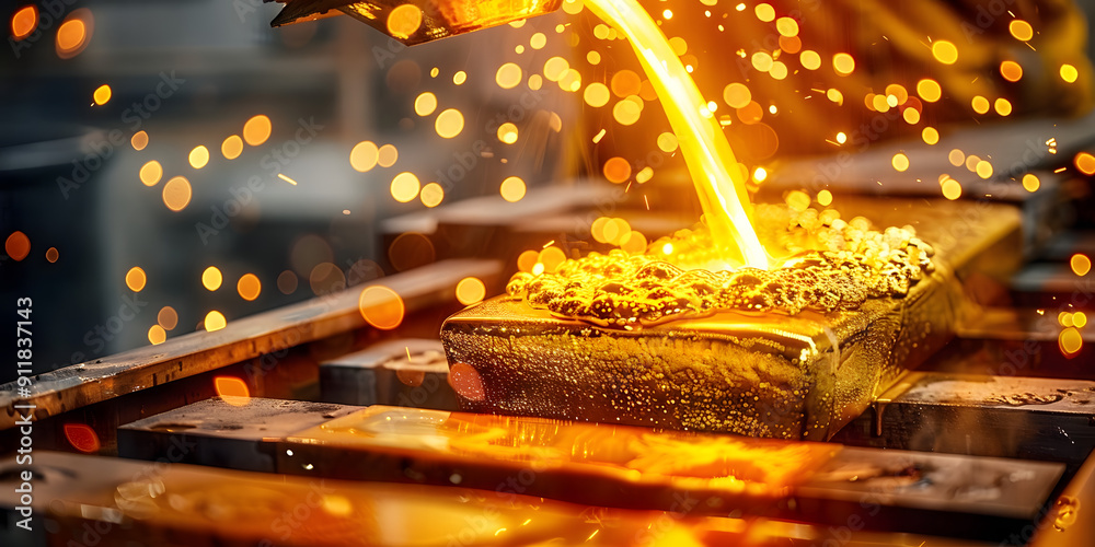 The process of molten gold being carefully poured into a mold at a ...