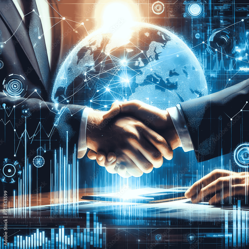 Agreement, Businessmen shake hands with global network connection ...