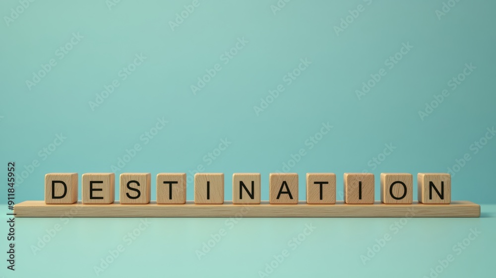 Destination word wooden block stand on light blue background for goal ...