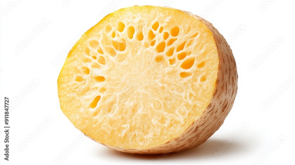 Detailed half of a yellow yam, showing its pale interior and rugged ...