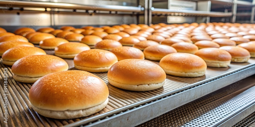 Industrial production of round hamburger buns in bakery, baking ...