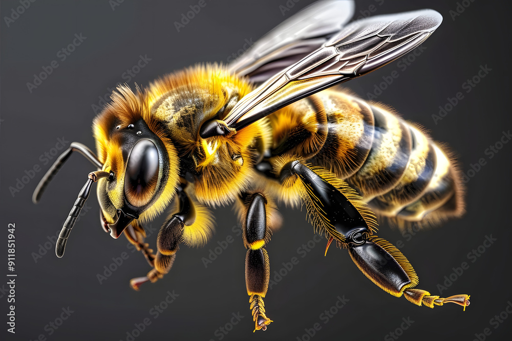 Magnificent honey bee with yellow and black stripes walks alone, its ...