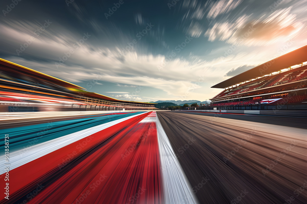 An F1 race track circuit road, depicted with motion blur, features a ...
