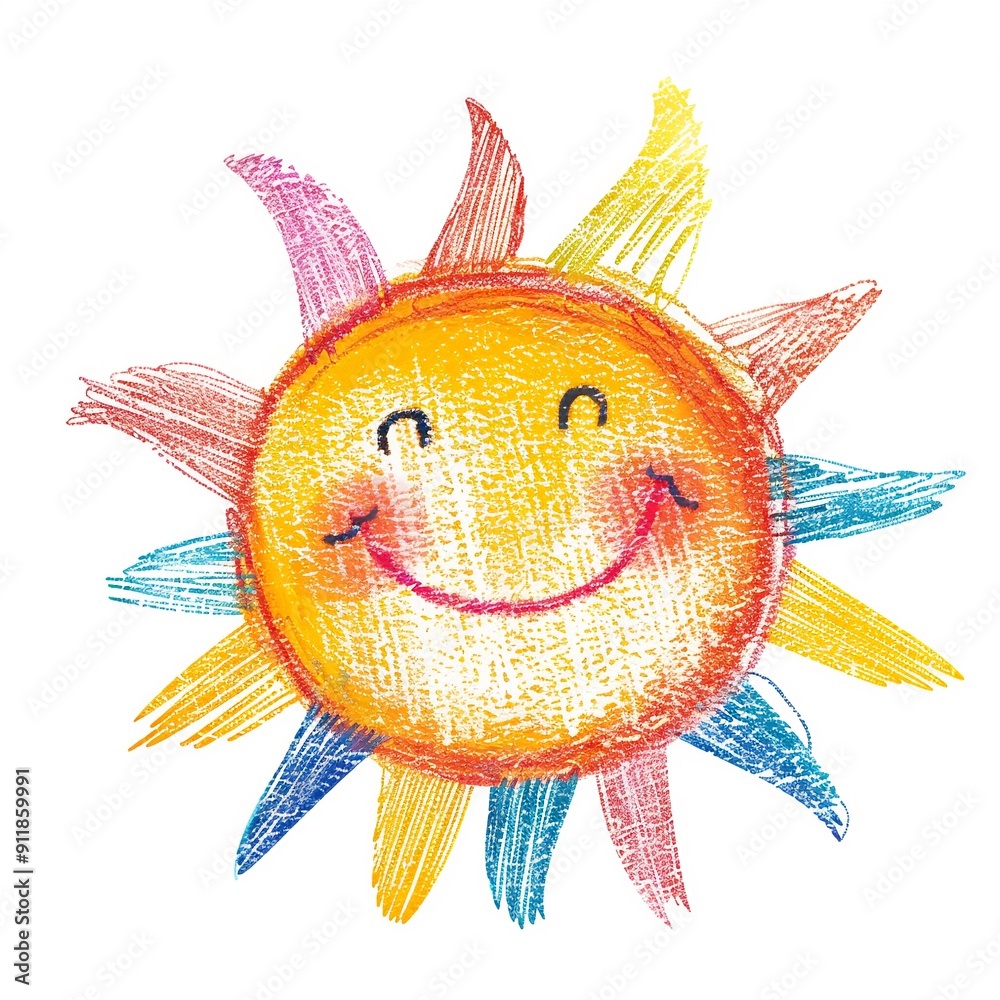 Children doodle illustration of a colorful happy sun with smiling face ...