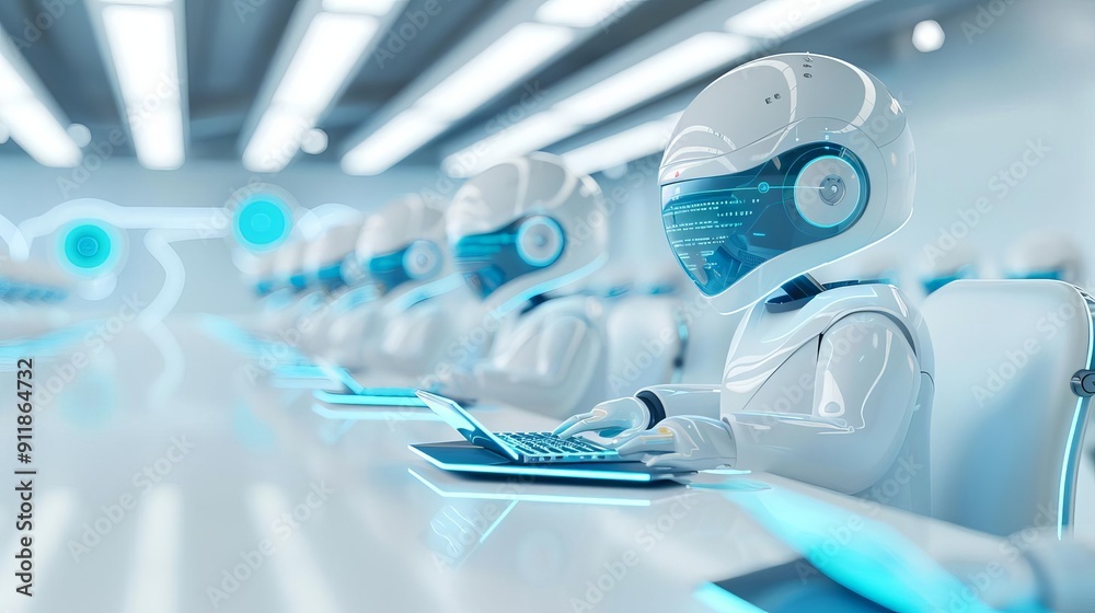 AI coaches conducting a selection process in a futuristic classroom ...