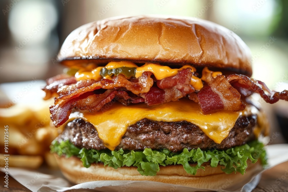 Food photography of an cheeseburger with bacon, in focus on the burger ...