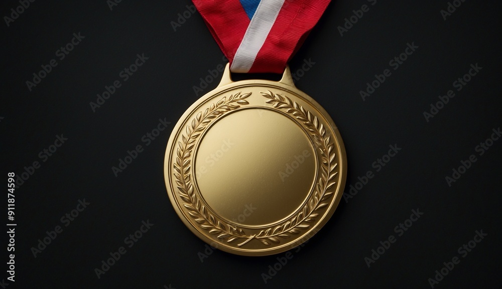 Gold medal with a red, white, and blue ribbon on black background ...
