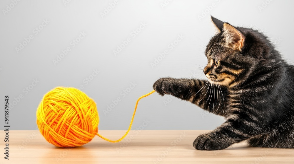 Cat silhouette stalking a ball of yarn, poised and ready to pounce ...