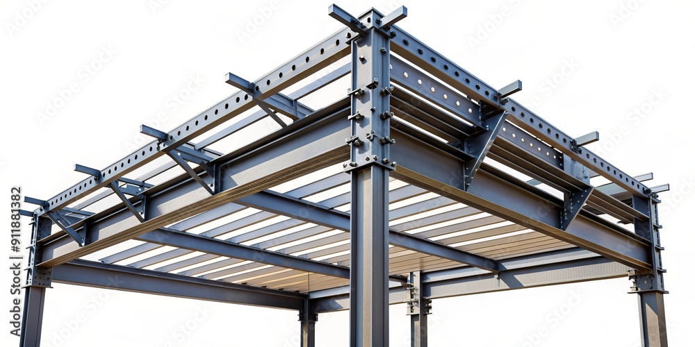 Steel beam structure under construction, iron roof framework with ...
