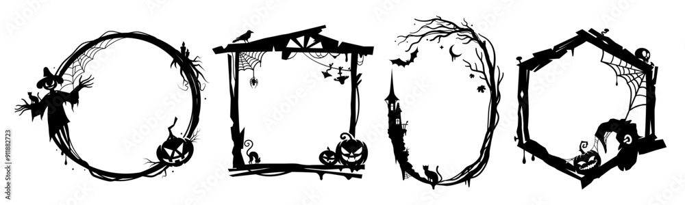 Black Halloween holiday frames and borders. Isolated vector scary ...
