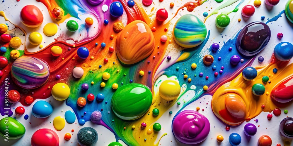 Vibrant, multicolored paint spots in various shapes and sizes scatter ...