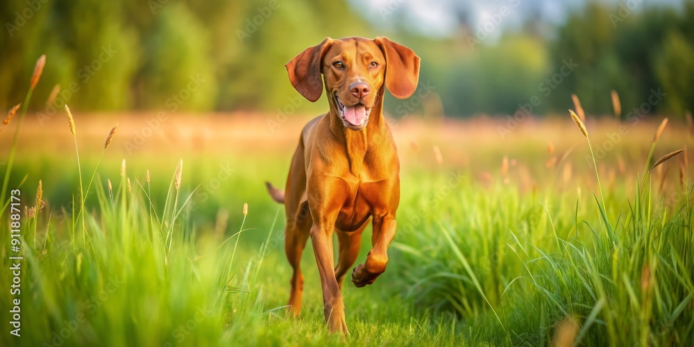 Vibrant red female Vizsla dog with floppy ears and wagging tail runs ...