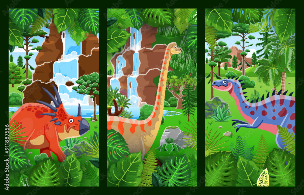 Prehistoric dinosaurs in jungle forest with palm trees and waterfall ...
