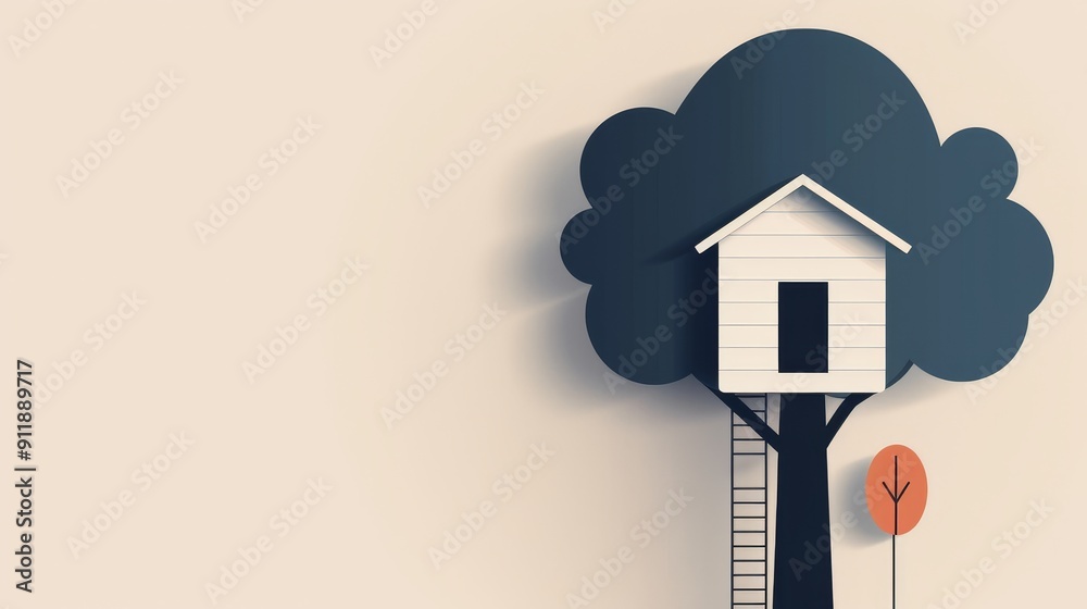 A plain treehouse with an uncomplicated ladder, minimalist approach, 2D ...