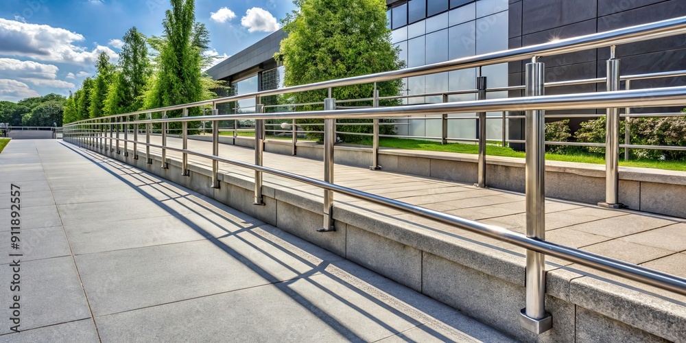 Exterior concrete ramped sidewalk with stainless steel railings ...