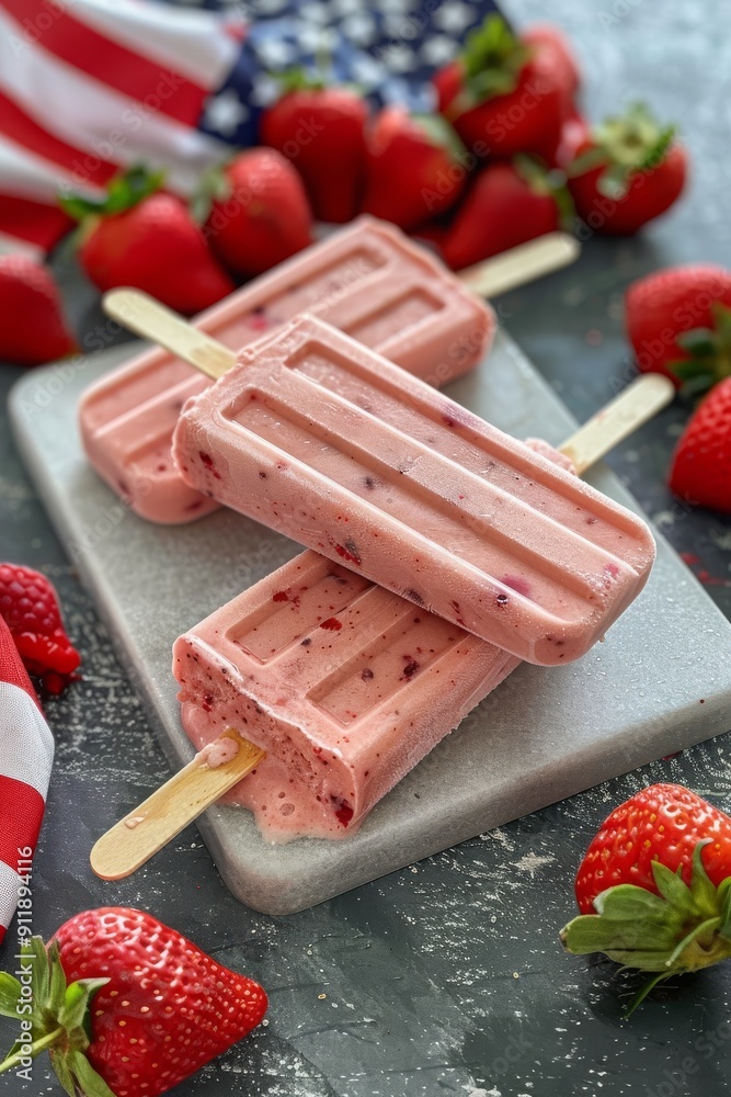 Firecracker Berry Frozen Yogurt Pops with strawberry syrup on top and ...