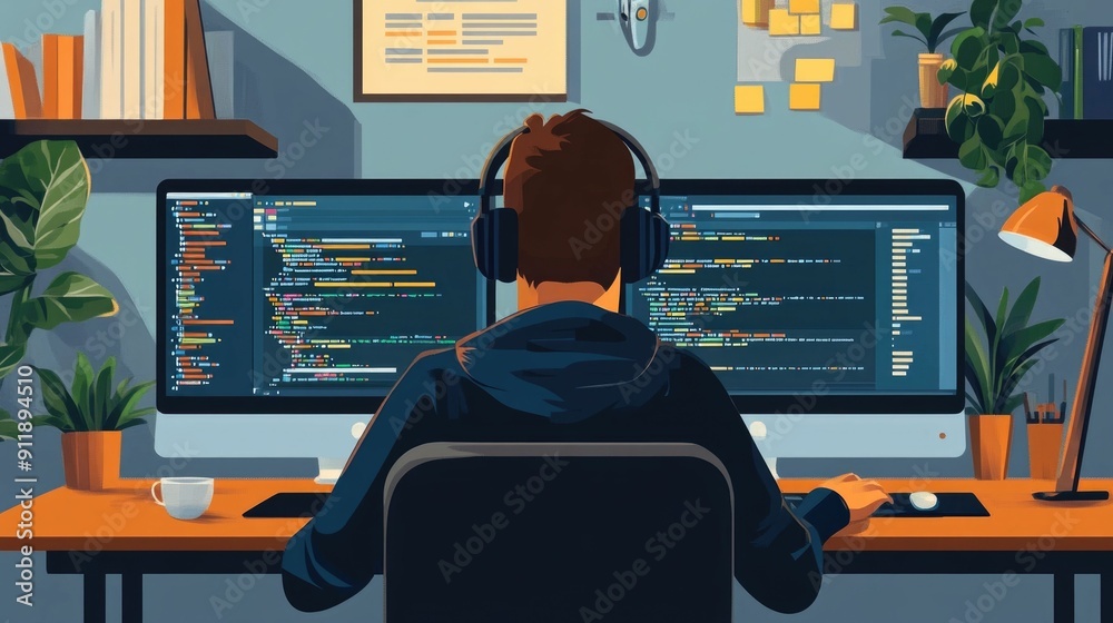 Flat design of a coding workspace with a software developer testing and ...