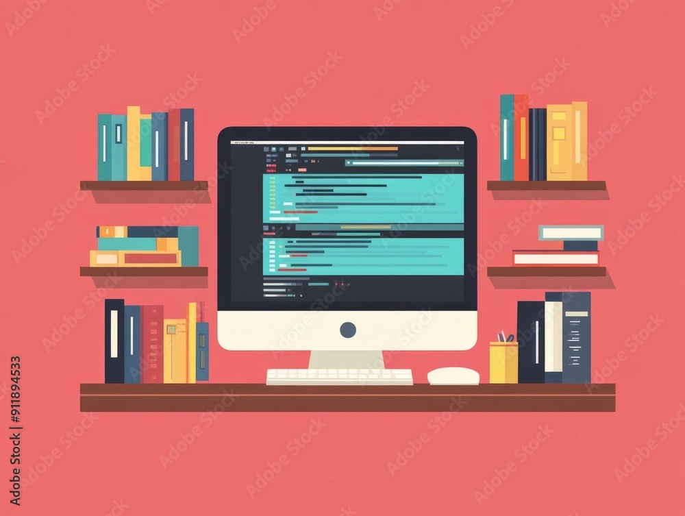 Flat design of a modern coding and programming workspace with digital devices organized ...