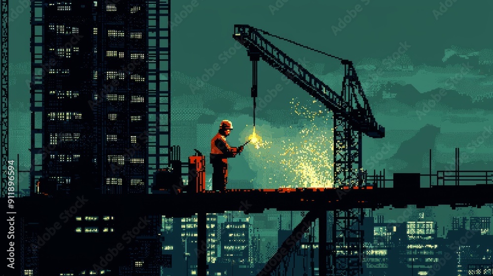 An 8-bit pixel art construction worker welding steel beams on a high ...