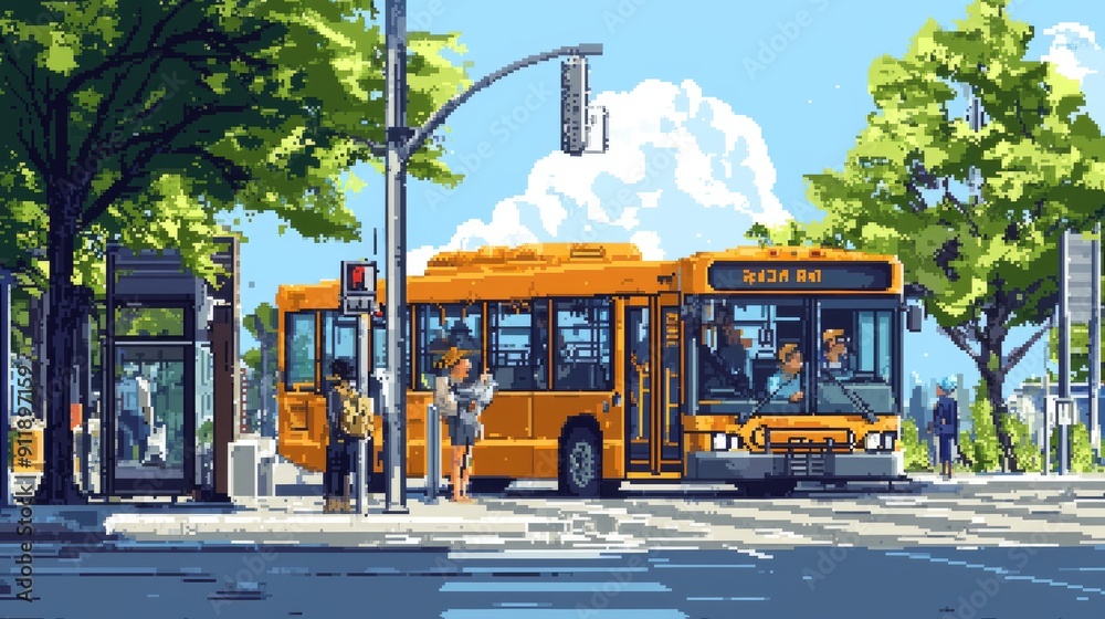 An 8-bit pixel art bus driver picking up passengers at a busy city bus ...