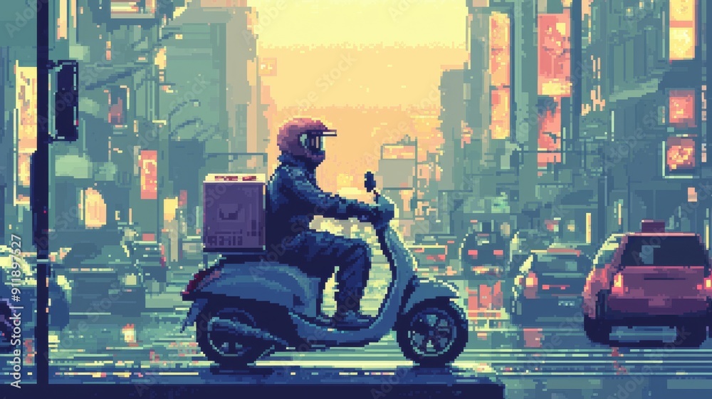 An 8-bit pixel art delivery person on a scooter navigating through city ...