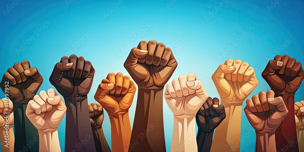 Dynamic composition featuring symbols of unity and powerful slogans for ...