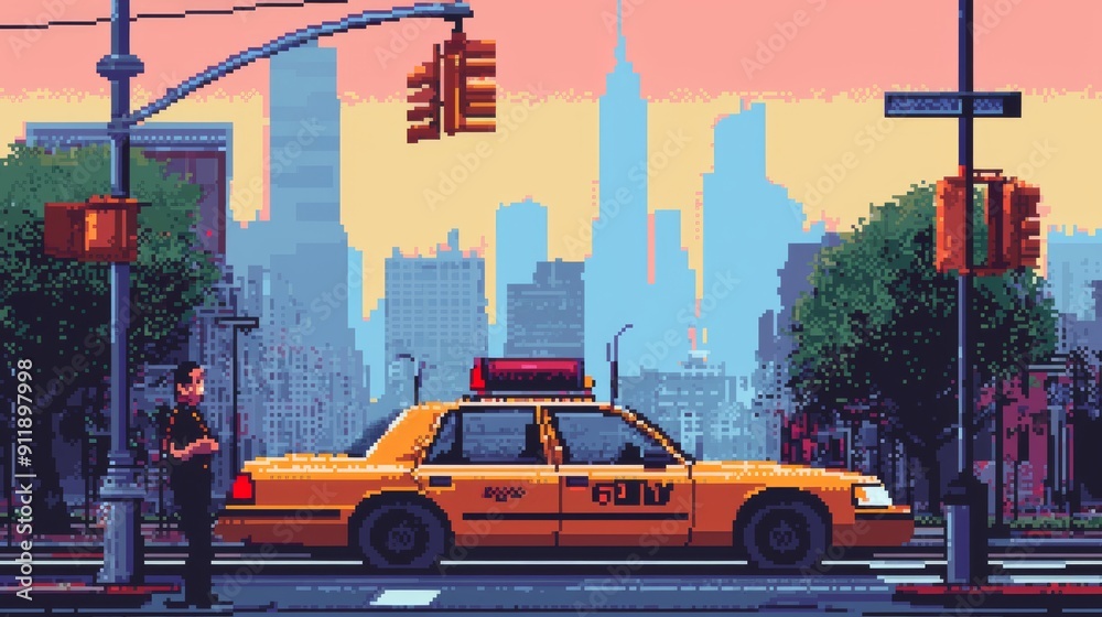 An 8-bit pixel art taxi driver waiting at a red light in city traffic ...
