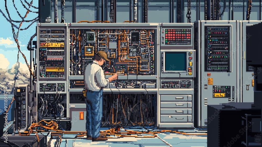An 8-bit pixel art electrician testing circuits in a high-rise office ...