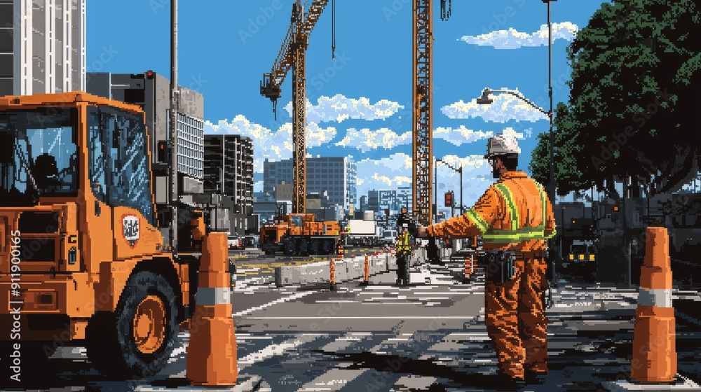 An 8-bit pixel art construction worker directing traffic around a city ...